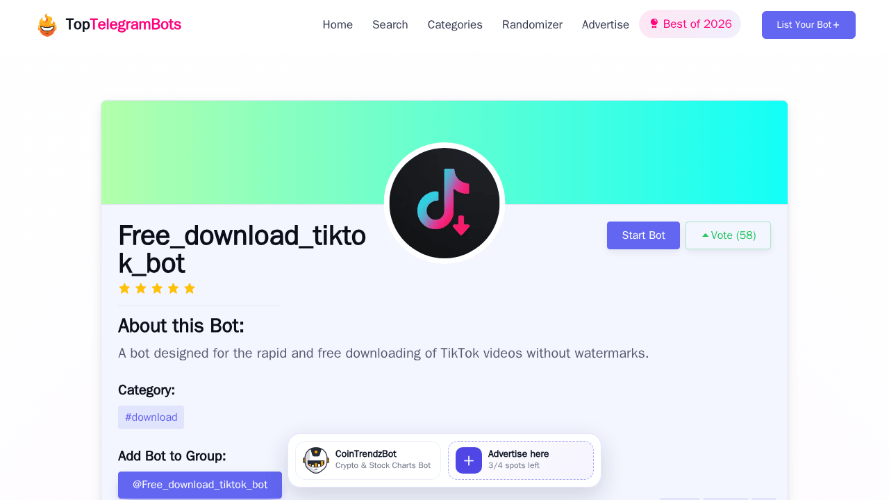 Free_download_tiktok_bot Telegram Bot - Reviews, Invite Links ...
