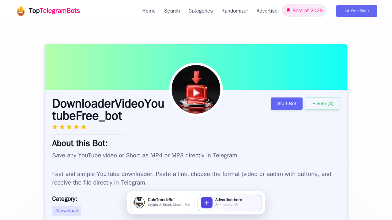 DownloaderVideoYoutubeFree_bot Telegram Bot - Reviews, Invite Links ...